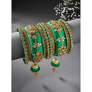 Aheli Royal Designer Faux Stone Studded Silk Thread Bangle Set Matching Chudha with Jhumki Tassel Hanging Indian Bollywood Fashion Jewelry for Women Girls (Green 2.8 Inch)
