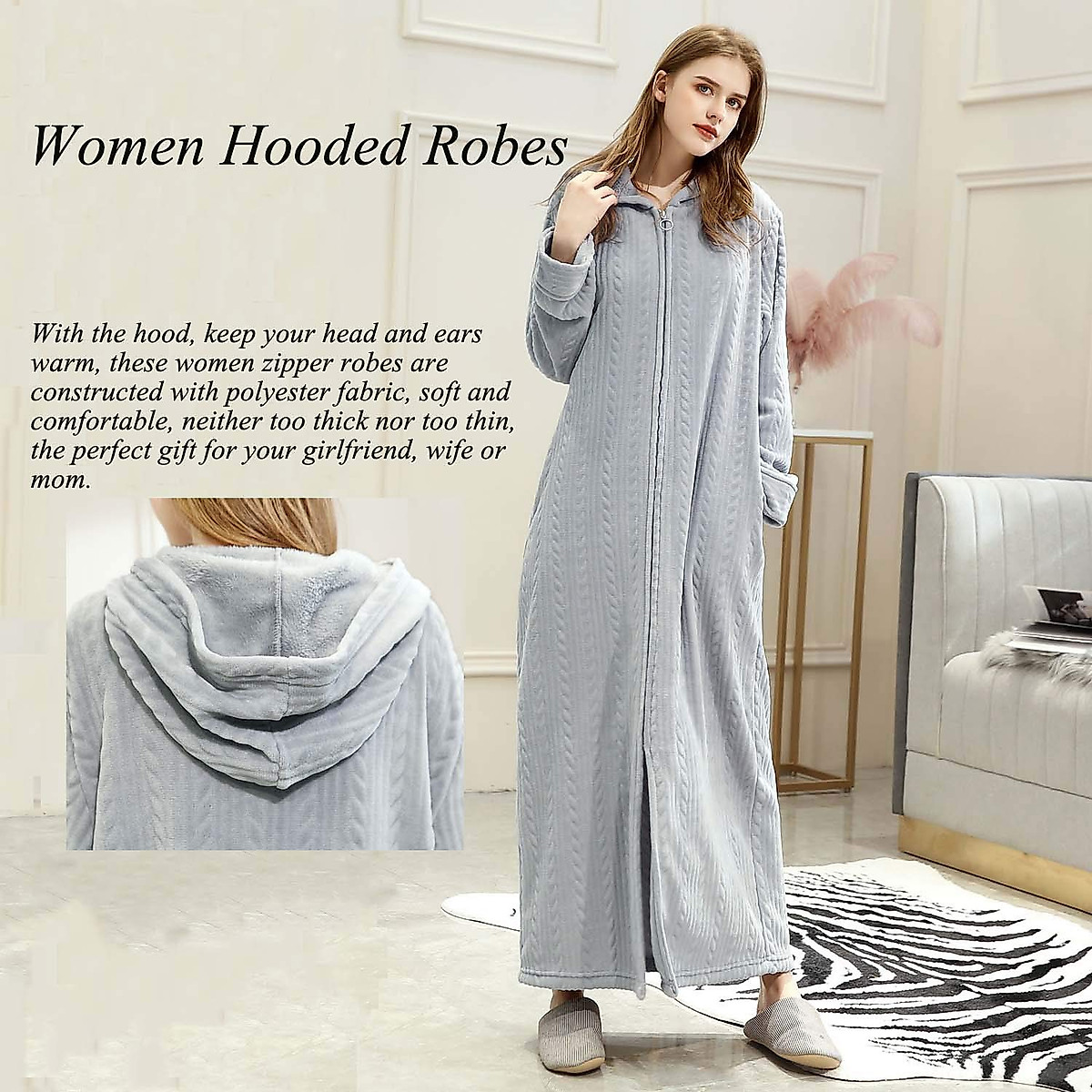 Hellomamma Long Hooded Zipper Bathrobe for Womens Flannel Fleece Robes Winter Warm Housecoat Nightgown Sleepwear Pajamas Light Grey L-XL