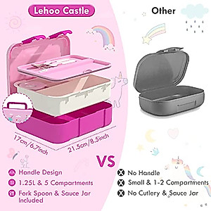 Lehoo Castle Bento Lunch Box for Kids with 5 Compartments,1250ml Lunch Containers with Sauce Jar, Spoon&Fork, Durable, Leak Proof, BPA-Free and Food-Safe Materials (Pink)