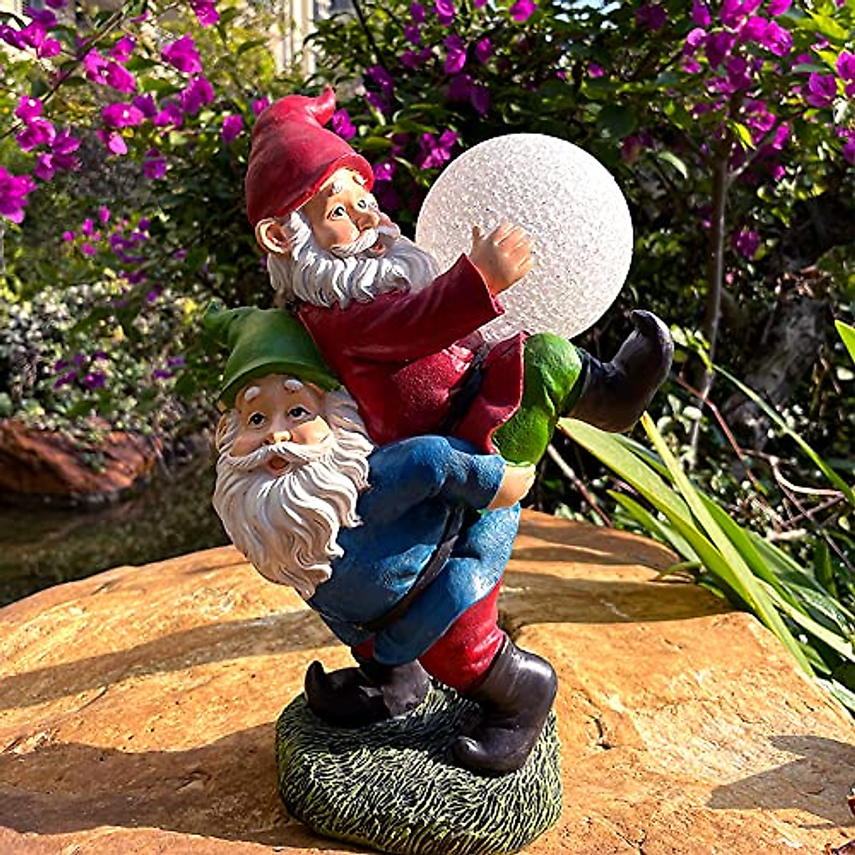 Raywer Solar Powered 2 Gnomes Playing with Ball , Decorated Solar Light, Garden Decorations Statues , Garden Light Decor for Lawn Ornaments, Resin Garden Figurines (2 Gnomes with a Glass Ball)