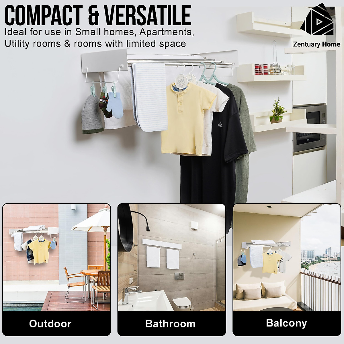 Zentuary Home Wall Mounted Clothes Drying Rack – Space-Saving Foldable Laundry Dryer Rack with 2 Towel Rails, Hangers & Pegs Included |Collapsible Wall Drying Rack | Indoor & Outdoor Use, 31.5 Inches