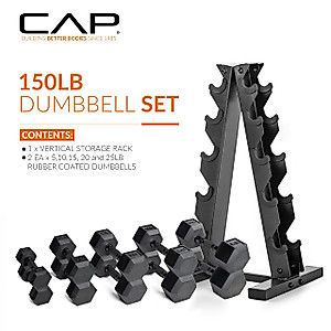 CAP Barbell 150lb dumbbell set with black handles and storage rack