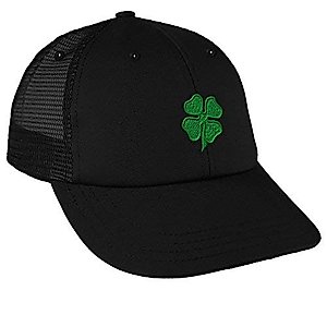 Four Leaf Shamrock Clover Irish Ireland St Patricks Patty Embroidery Design Low Crown Mesh Golf Snapback Hat Black