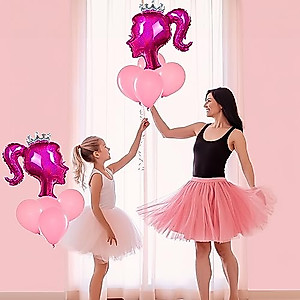 2Pcs Hot Pink Princess Foil Balloon Girl Head Balloons Pink Crown Doll balloons For Princess Theme Party Decorations Photo Booth Backdrop Little Girl Adult bachelorette Makeup Birthday Supply