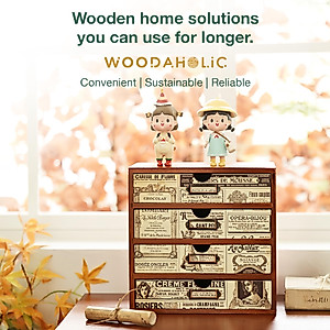 4-Drawer Vintage Ephemera Pattern Desktop Organizer - Arts and Craft Newspaper Design Desk Storage Cabinet - Ephemera Wood Shelf Drawers with Label Holders - Scrapbook Collecting