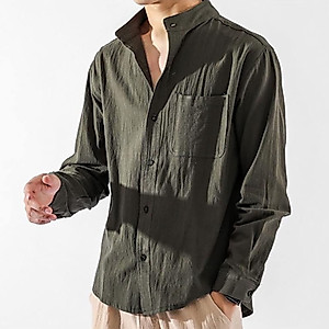 Men's Linen Button Down Dress Shirts Long Sleeve Casual Hippie Cotton Beach T Shirts Solid Color Summer Yoga Tops (Armygreen,4X-Large)