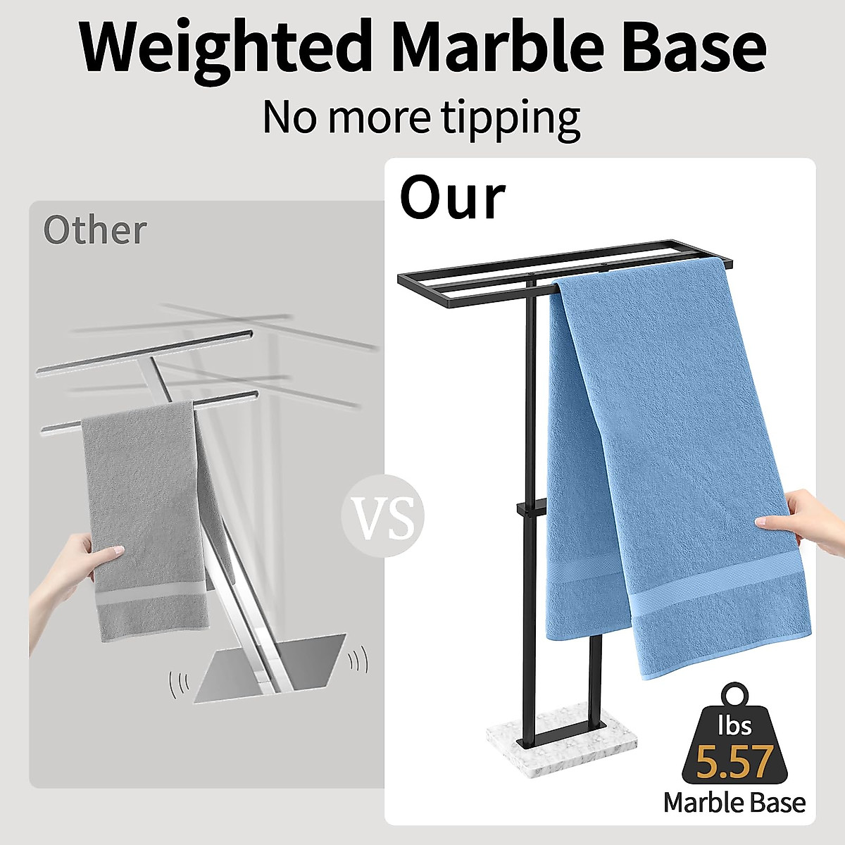 LSK 40 Inch Standing Towel Rack, 3 Tier Towel Holder Stand with Weighted Marble Base for Hanging Multiple Sizes Towels, Freestanding Towel Racks for Bathroom, Black