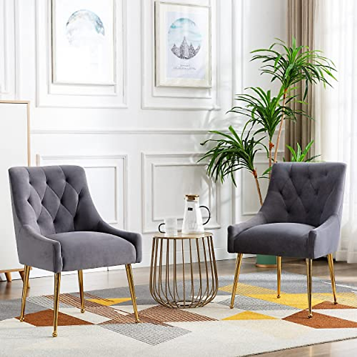 KINWELL Upholstered Dining Chairs Set of 2, Modern Accent Side Chair with Tufted Back and Pull Handle, Velvet Armchair Desk Chair with Gold Metal Legs for Living Room, Home Office,Vanity (Gray)