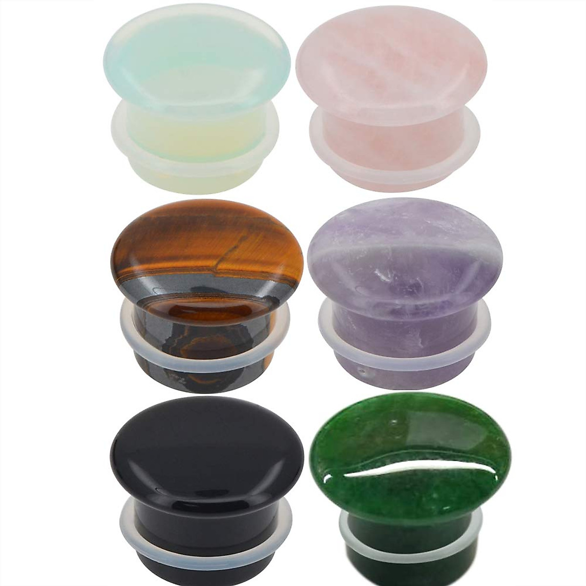 blue palm jewelry Set of 6 Pairs Single Flare Stone Ear Plugs Silicone O-Ring Expander Gauges 8ga - 5/8 inch E554