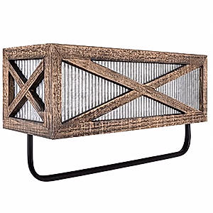 Autumn Alley Farmhouse Rustic Towel Rack Shelf Holder - Wood Towel Rack Basket Storage - Farmhouse Towel Holder for Rustic Bathroom and Farmhouse Kitchen Décor - Wall Mounted, Galvanized, Rustic Brown