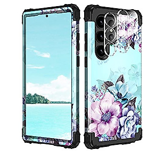Casetego Compatible with Galaxy S23 Ultra 5G Case,Floral Three Layer Heavy Duty Sturdy Shockproof Full Body Protective Case with 2 Pack Camera Lens Protector for Samsung S23 Ultra,Blue Flower