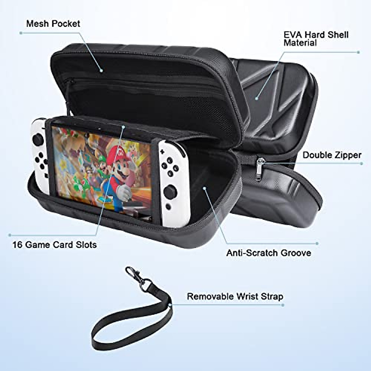 ESTARER Carrying Case for Nintendo Switch OLED Hard Travel Case, Storage Protective Cover Carry bag Pouch w/16 Game Card Cartridges,Black
