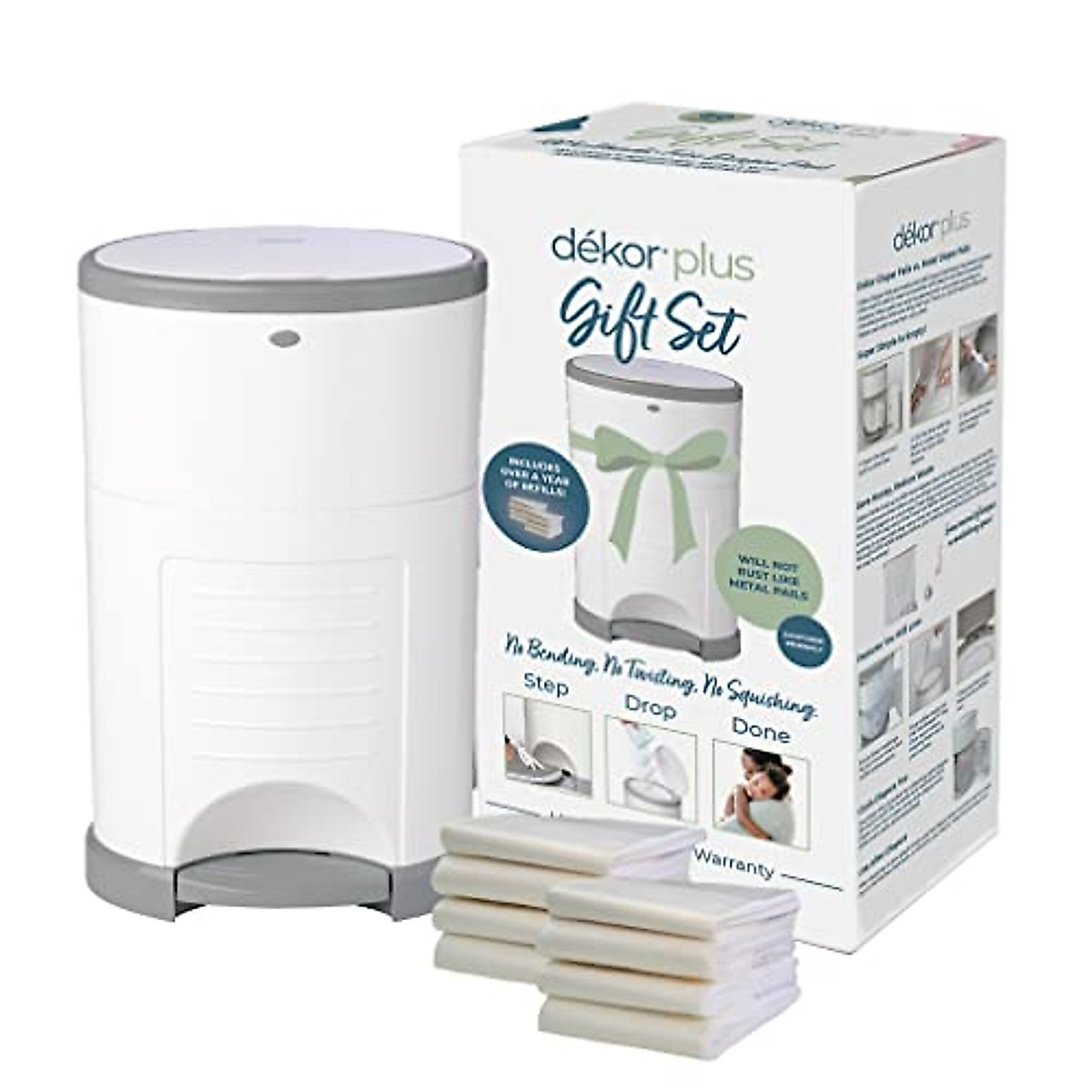 Dékor Plus Diaper Pail Gift Set – White | Comes with Over a Year's Supply Worth of Dékor Refills!