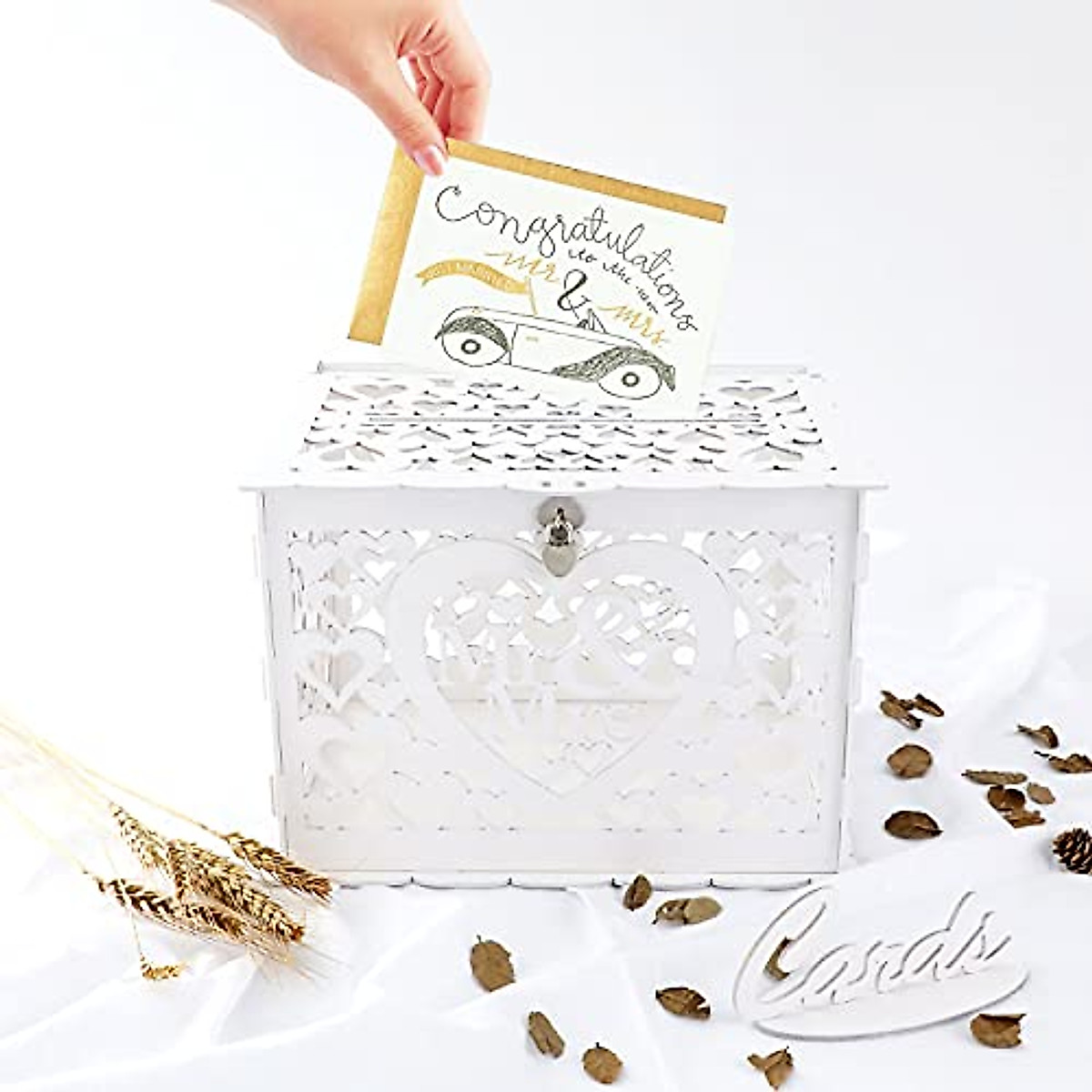 Ywlake Wedding Money Box Holder with Sign, Large Rustic Wood Wooden DIY Envelope Gift Post Card Boxes with Lock Slot for Reception Anniversary Graduation Birthday Party Parties (Mr & Mrs, White)