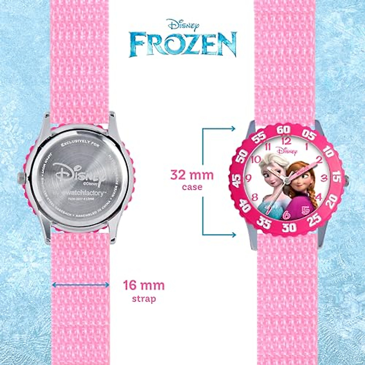 Disney Frozen Analog Watch, Time Teacher for Kids and Toddlers, Pink Bezel & Nylon Strap Watch