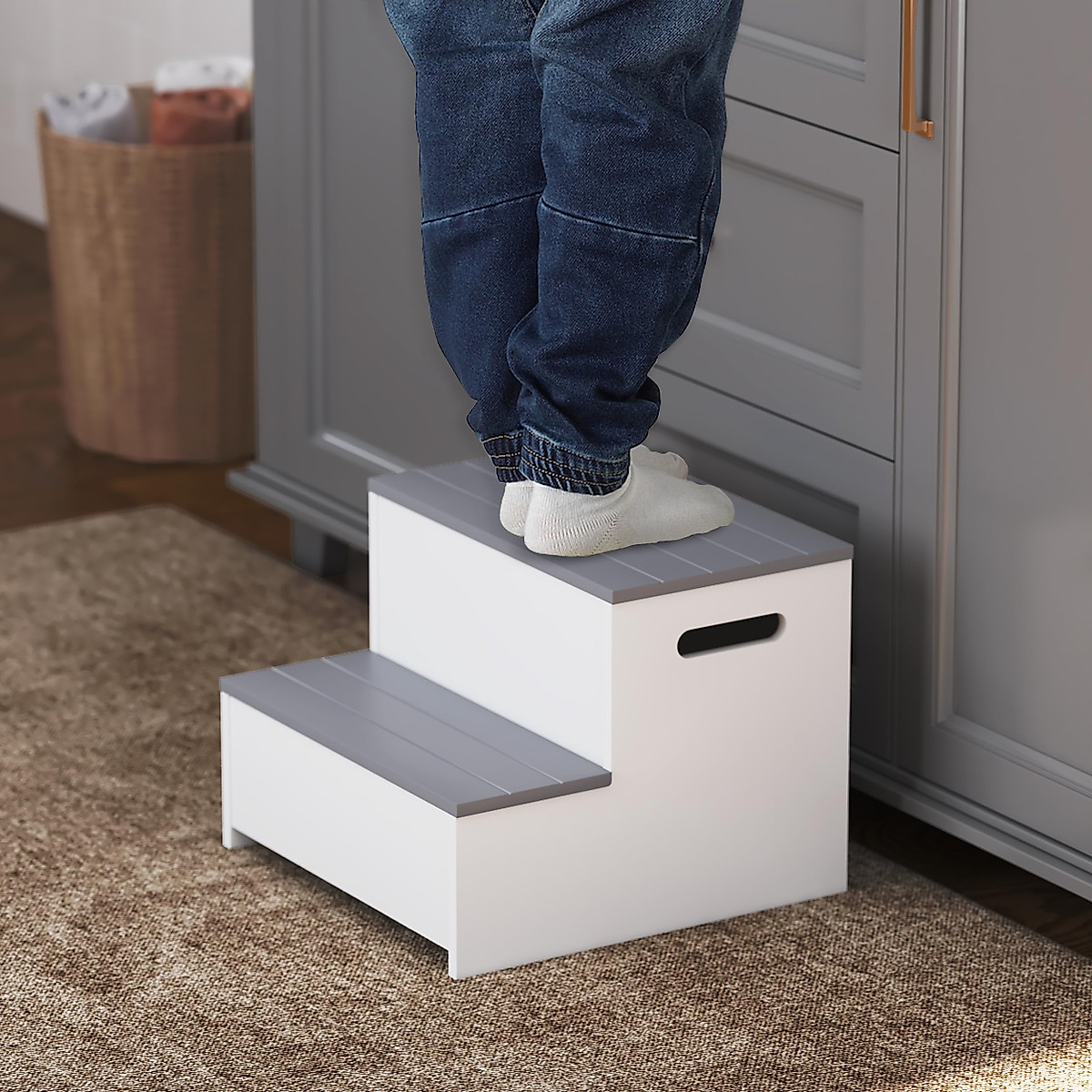 UTEX Toddler Step Stool,Wooden Kids Step Stool for Bathroom Sink, Extra Wide 9.45 inchs Two Step Stool for Kids with Non-Slip Mats and Handles, Kids Potty Training Stool for Kitchen Nursery Bedroom