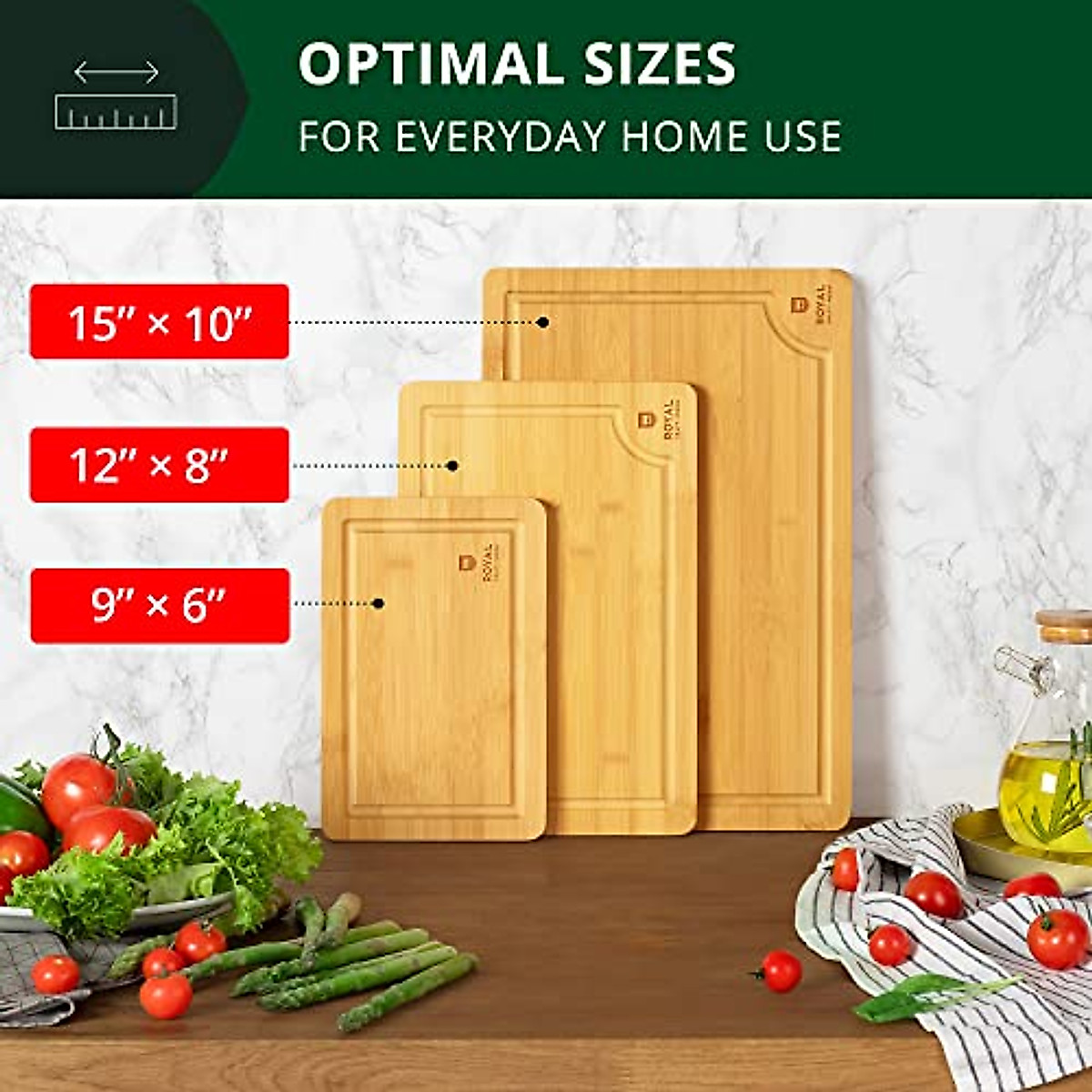 Wooden Cutting Boards for Kitchen Meal Prep & Serving - Bamboo Wood Cutting Board Set with Deep Juice Groove Side Handles - Charcuterie & Chopping Butcher Block for Meat - Kitchen Gadgets Gift (3 Pcs)