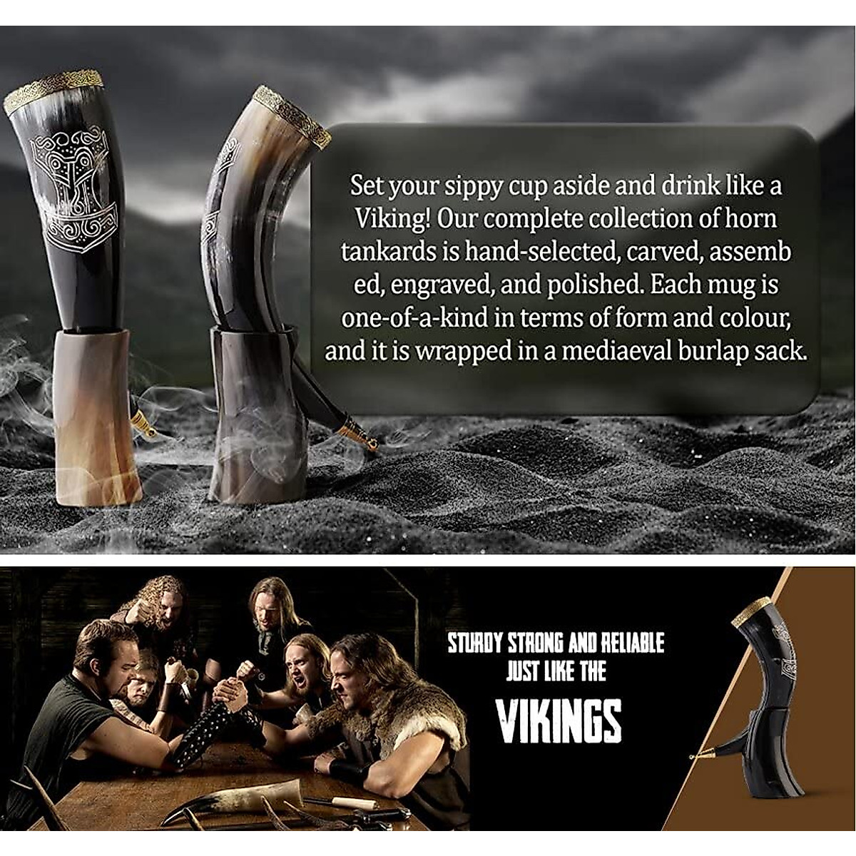 Bhartiya Handicrafts Viking Drinking Horn with Stand - Unique Genuine Ox Horn - Handmade Horn- Mjolnir Carved Horn - Thor Horn 4 pieces