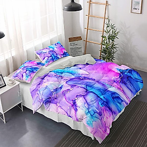 Jingzhang Tie Dye Bed Set Colorful Marble Teen Girl Bedding Watercolor Pastel Pink Blue Purple Duvet Cover Set Marble Abstract Kids Bed Set 3 Piece Bright Girly Bedspreads (King)