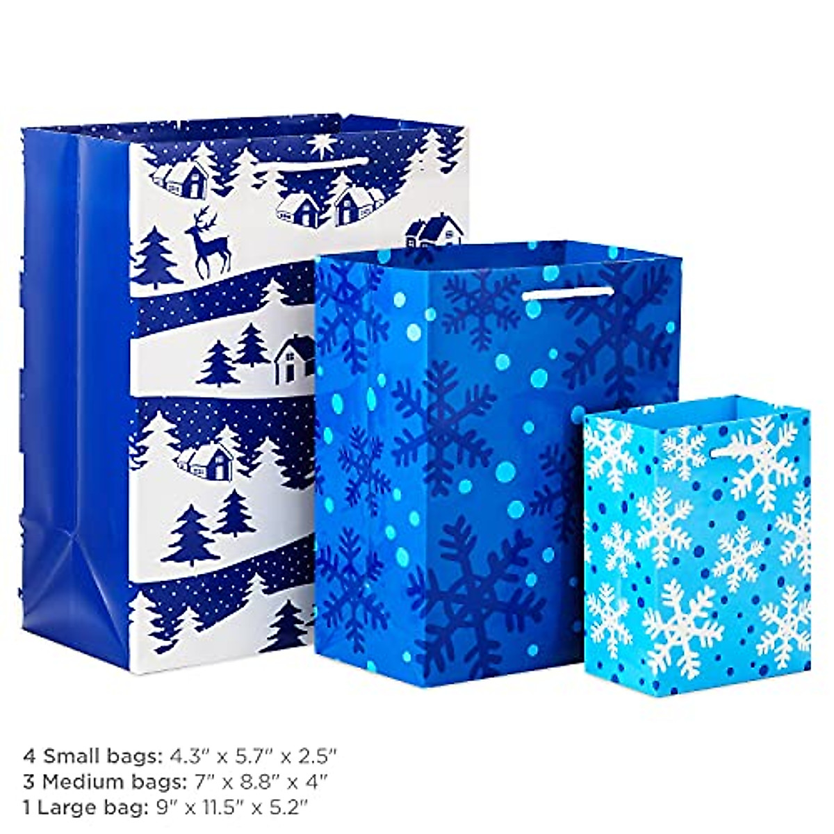 Image Arts Holiday Gift Bag Assortment (Pack of 16) Blue and White Stripes, Snowflakes, Reindeer, Winter Scenes