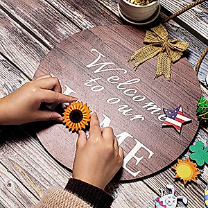 Interchangeable Seasonal Welcome Sign Halloween Front Door Decor Rustic Wood Welcome to Our Home Sign Wall Hanging Porch Decoration for Halloween Christmas Fall Winter Thanksgiving Holiday (Brown)