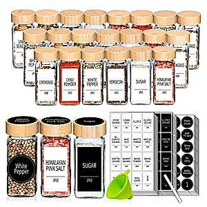 Churboro 24 Spice Jars with Labels- Spice Jars with Bamboo Lids - 4 Oz Glass Spice Containers with Shaker Lids, 547 Spice Labels of 3 Different Types Seasoning Jars for Spice Rack, Cabinet, or Drawer