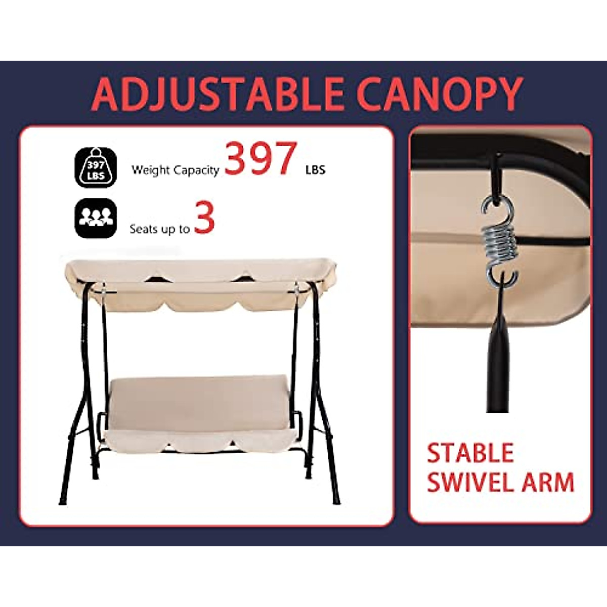 Outdoor Swing Patio Swing with Canopy Backyard Outdoor Swing Chair with Removable Cushions Adjustable Tilt Canopy Comfortable Armrests Stable Frame for Patio Outdoor Garden Backyard Beige