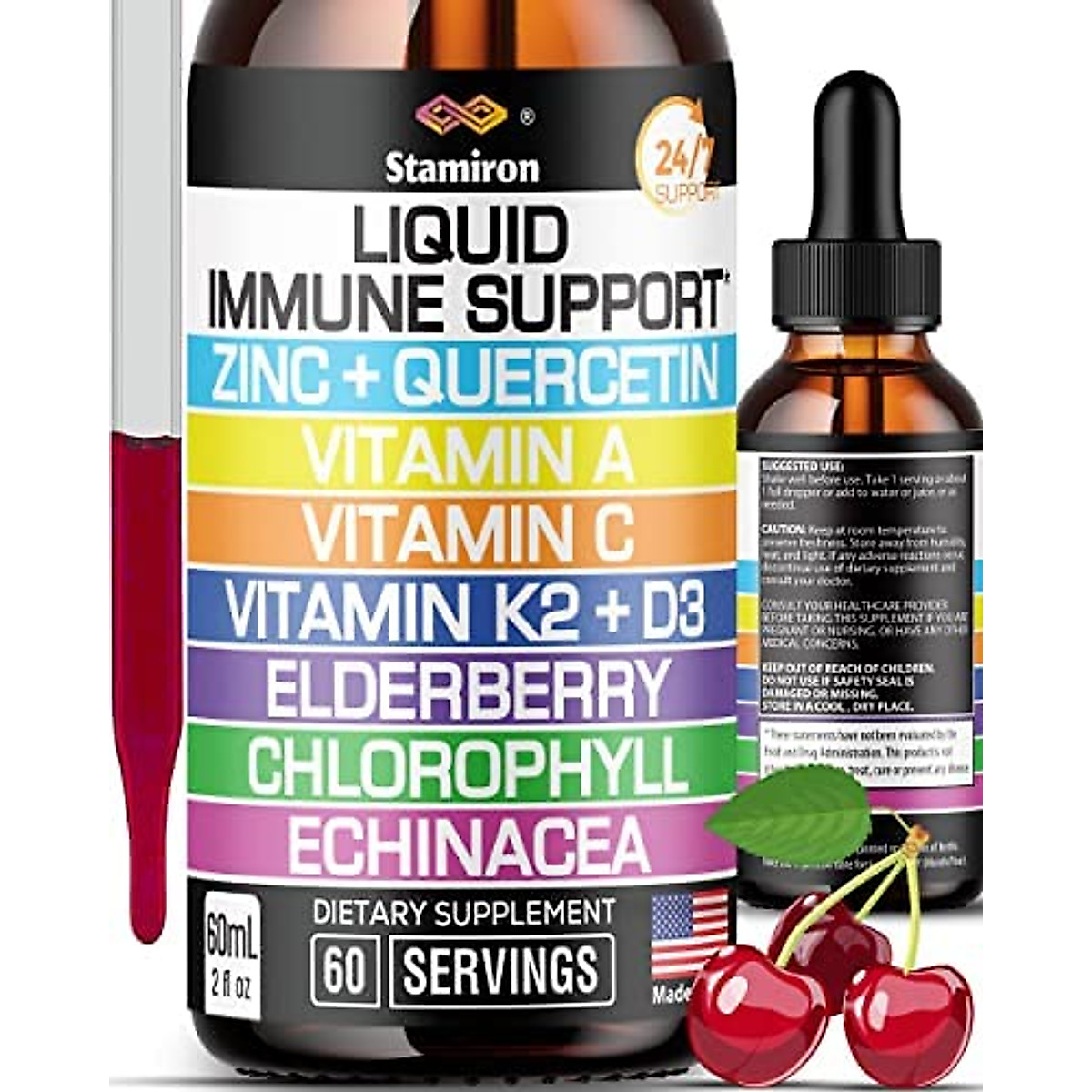 Zinc Quercetin Vitamin C D3 Liquid Immune Support with Vitamin A K2 Echinacea Chlorophyll and Elderberry - 9in1 Immune Defense Drops Complex for Immunity Health Respiratory Health - 60 Servings