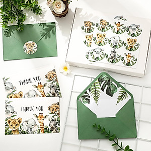 Whaline 50 Pack Safari Jungle Thank You Cards with Envelopes Stickers Jungle Animal Greeting Cards Watercolor Forest Animal Cartoon Blank Note Cards for Birthday Baby Shower Party Supplies