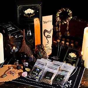 SHYSHINY Wiccan Supplies and Tools for Protection, 127Pack Witchcraft Supplies Witchy Gift for Beginners, Dried Herbs, Crystals, Candles, Witch Starter Spell Kit