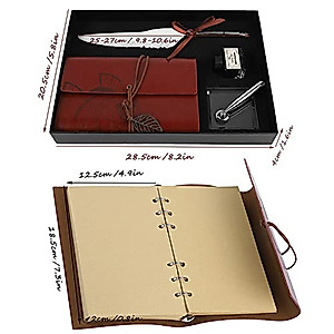 Zopsc Retro Leather Notebook with Fountain Pen with Pen Ink, Dip Feather Pen Set Calligraphy Pen Notebook,Leather Notebook Feather Quill Pen for Gift (red) (white)