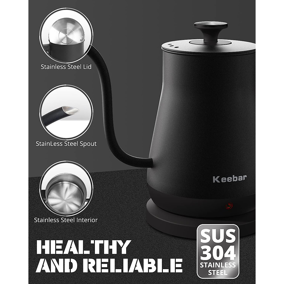 Electric Gooseneck Kettle, Pour Over Kettle & Tea Kettle with 5 Variable Temperature Presets, 304 Stainless Steel, LCD Touch Screen, 1000 Watt Quick Heating, 0.8L, Matte Black, XH-ZCQ07B-B