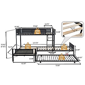 KIVENJAJA L-shape Triple Bunk Bed with Trundle, Metal Quad Bunk Beds Twin Over Twin for 4 Kids, Heavy Duty 4 Small Bunkbeds for Teens Girls Boys Adults, Black