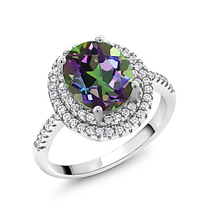 Gem Stone King 925 Sterling Silver Oval Green Mystic Topaz and White Moissanite Women Halo Engagement Ring (2.73 Cttw, Gemstone Birthstone, Available In Size 5, 6, 7, 8, 9)