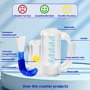Incentive Spirometer (BLUE-001),Deep Breathing Trainer for Adults,Breathing Exercise Device for Lungs,5000ml Capacity Measurement with Flow Indicator