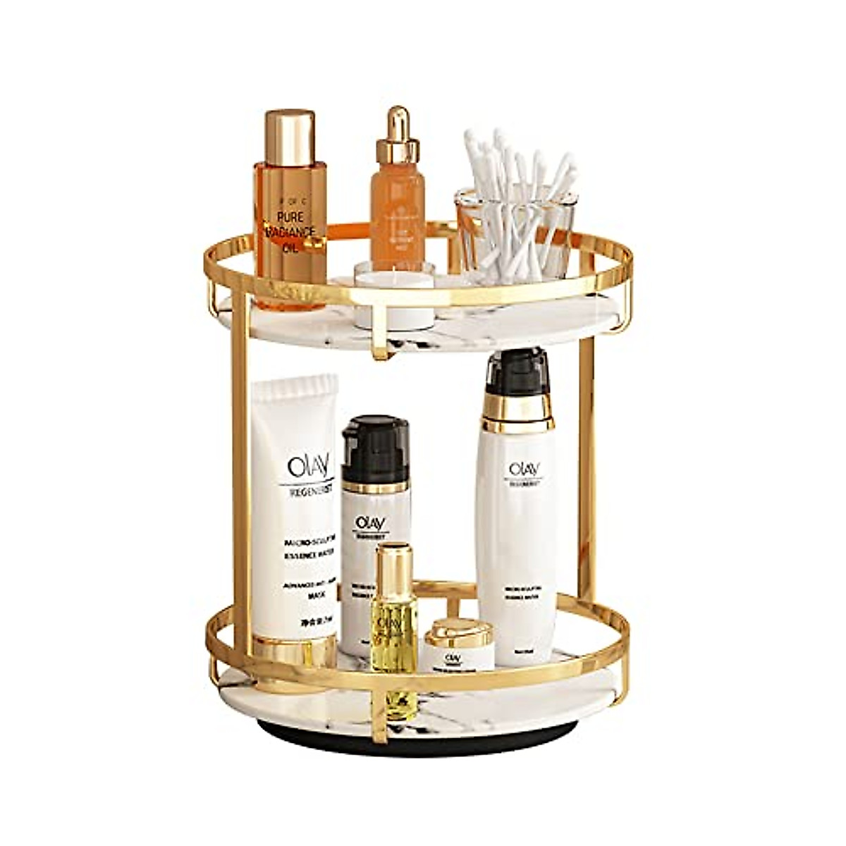 WINTENT Metal Rotating Makeup Organizer with makeup brush holder ,2 tier Lazy Susan Bathroom Organizer Countertop Gold (2 Tier)