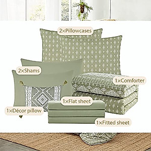 Geniospin Full Comforter Set, Olive Green Boho Aztec Comforter Set 8 Pieces, All Season Reversible Bed in A Bag, Soft Microfiber Fill Bedding, Lightweight, Warm and Breathable (Full, 80"x90")