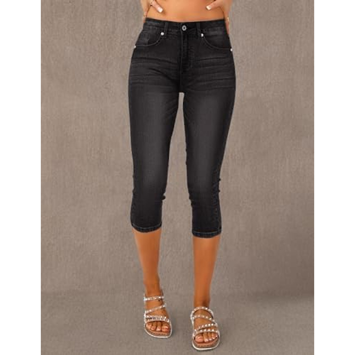 Vetinee Women's Slate Black Summer High Waisted Casual Skinny Slim Fit Stretch Cropped Denim Capri Jeans Size 12/14