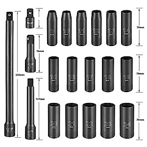 Vistreck 1/2 '' Impact Socket Set, 20 Piece 6 Point Impact Set, Metric Sizes (9-24mm) Socket Set with 3" 5" 10" Impact Extension Bar, 1/2" Adapter, CR-V Steel, Deep Socket Set 1/2 Drive