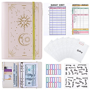 Bienbee Budget Binder, A6 Binder with Zipper Envelopes Money Organizer for Cash Budget Planner with Cash Envelopes for Saving for Girls Women, Golden Sun Moon
