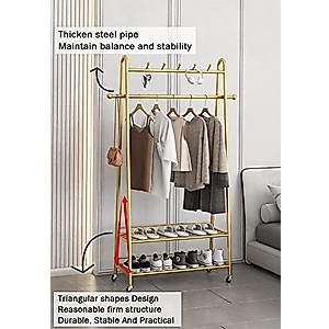 BOTAOYIYI Clothes Rack Gold, Freestanding Coat Rack Modern Rolling Garment Rack with Wheels and Bottom Shelves, Industrial Heavy Duty Pipe Clothing Rack Wardrobe Closet for Boutique Display (39.4")