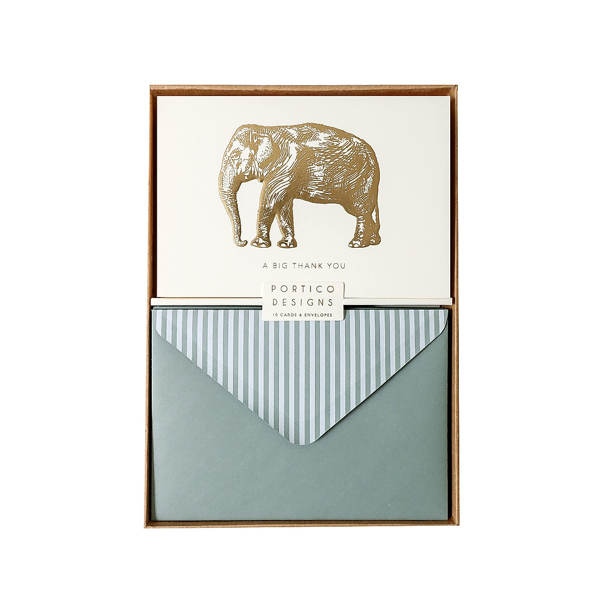 Portico Designs Gold Foiled Elephant Boxed Thank You Notecard Set of 10 with matching envelopes, Off White, Card size 14.8x10.5 cm