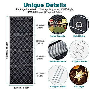 Over The Door Storage with LED Light,Stuffed Animal Storage Hanging Organizer for Plush and Squishy Toys,Animals Storage Bags for Kids Bedroom/Living-Room/Closet with Breathable Net Hanging Holder