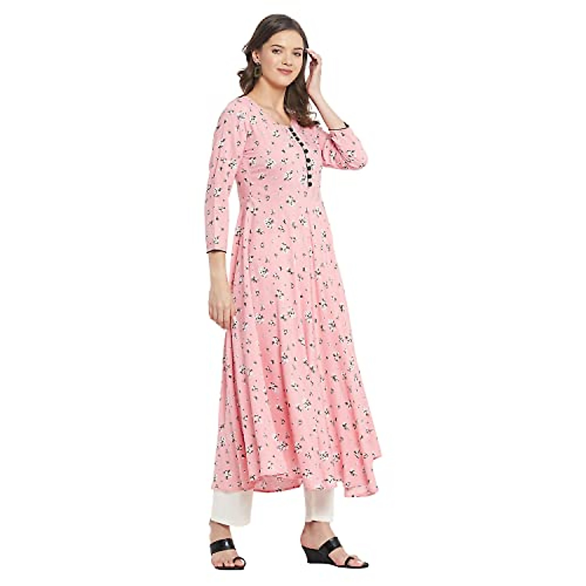 Tissu Women's Rayon Pink & Green Floral Pritned A-Line Kurta 2149_Pink_4XL
