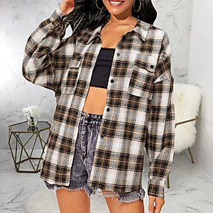Womens Flannel Plaid Shirts Oversized Collared Business Casual Button Down Shirts Blouse Tops