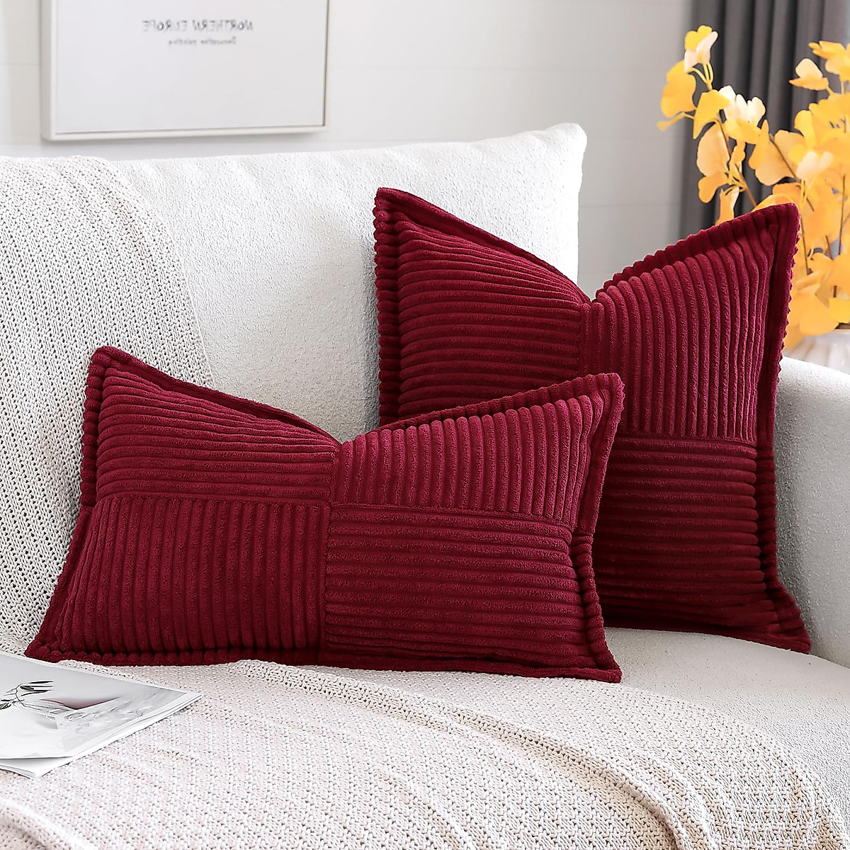 OTOSTAR Set of 2 Corduroy Throw Pillow Covers with Splicing Super Soft Boho Striped Pillow Covers Broadside Decorative Textured Throw Pillows for Couch Sofa Bed Living Room 18x18 Inch, Burgundy
