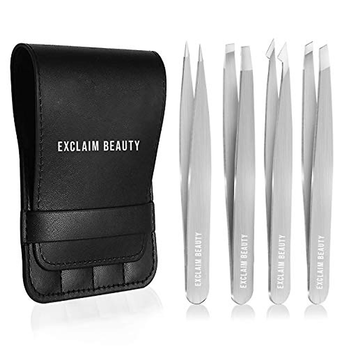 EXCLAIM BEAUTY Tweezers for Women & Men Pack of 4 Stainless Steel Tweezers Set, Precision Tweezers for Eyebrows Splinter Ingrown Hair Removal Tweezers Kit for Women with Leather Case – Silver