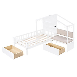 Harper & Bright Designs Kids Twin House Bed Frame with Upholstered Sofa, 2 Drawers and Charging Station, Wood Montessori Bed with LED Light and Shelves, L Shaped Storage Bed for Kids,Boys,Girls,White