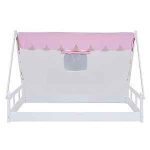 HBRR Full Size Montessori Floor Fabric, Platform Tent w/Fence and Roof, Wood Playhouse Bed for Girls Boys Bedroom, White+Pink