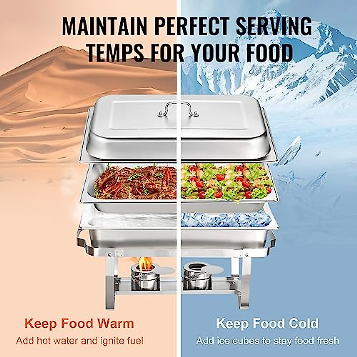 VEVOR Chafing Dish Buffet Set, 2 Pack 8 Qt, Stainless Chafer w/ 2 Full & 4 Half Size Pans, Rectangle Catering Warmer Server w/ Lid Water Pan Folding Stand Fuel Tray Holder Clip, at Least 8 People Each